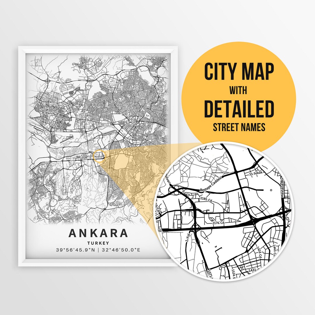 Printable Map of Ankara, Turkey With Street Names - Instant Download ...