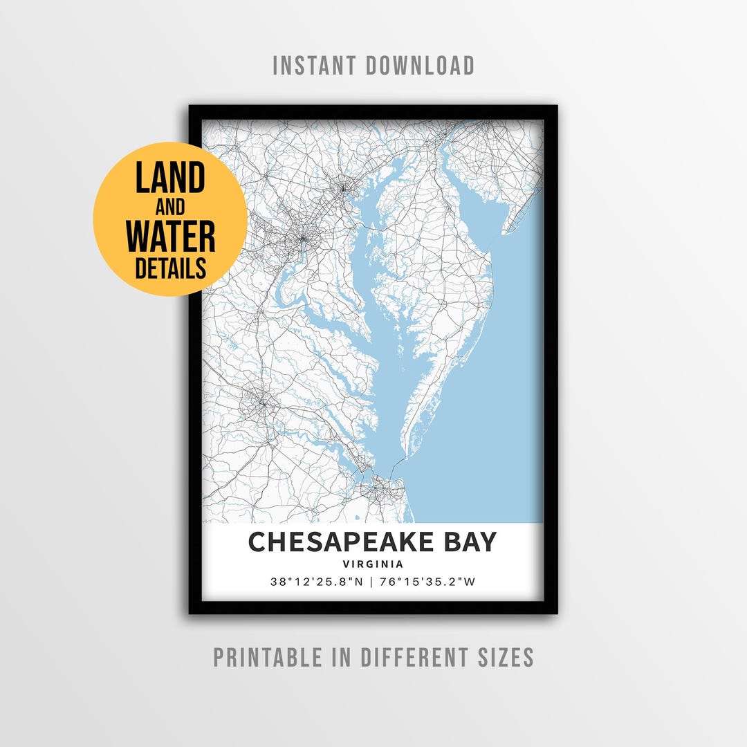 Chesapeake Bay Map Poster, Delmarva Peninsula Printable Coastal Decor ...