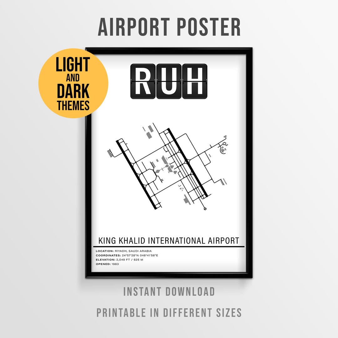 King Khalid Airport Poster, RUH Riyadh Map Print, Saudi Arabia Travel ...