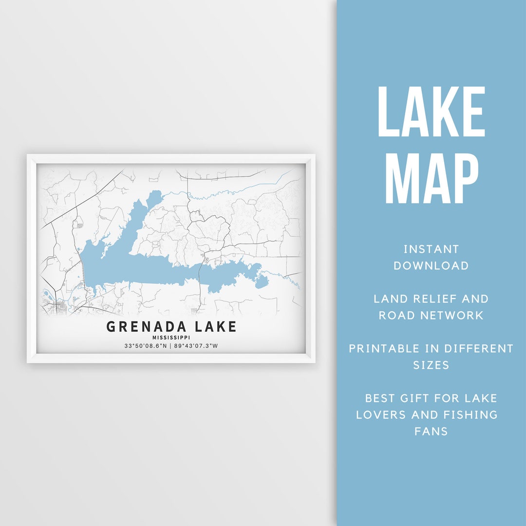Printable Map of Grenada Lake, Mississippi, US - Instant Download ...