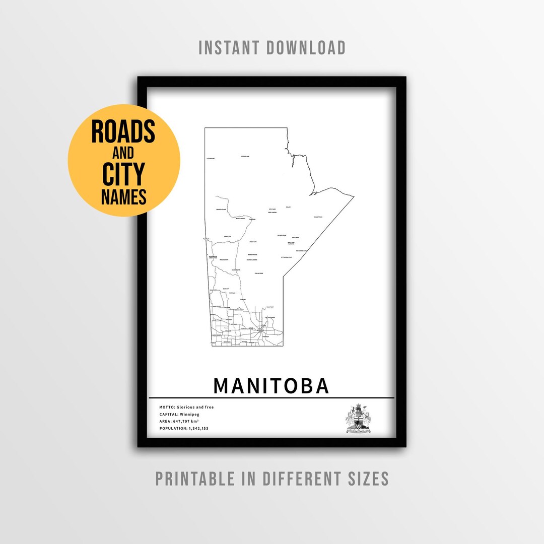 Manitoba Map Poster, Printable Canada Road Map With City Names (instant ...