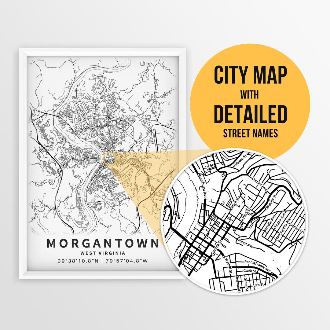 Printable Map of Morgantown, West Virginia, USA With Street Names ...