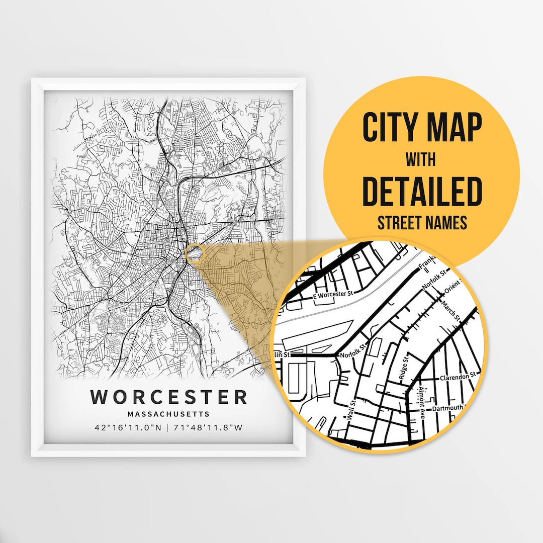 Printable Map of Worcester, Massachusetts, USA With Street Names ...