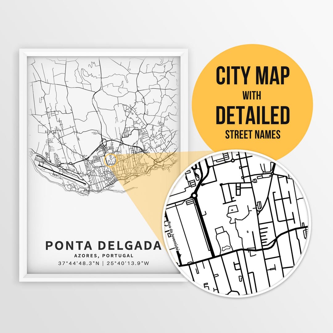 Printable Map of Ponta Delgada, Azores With Street Names - Instant ...