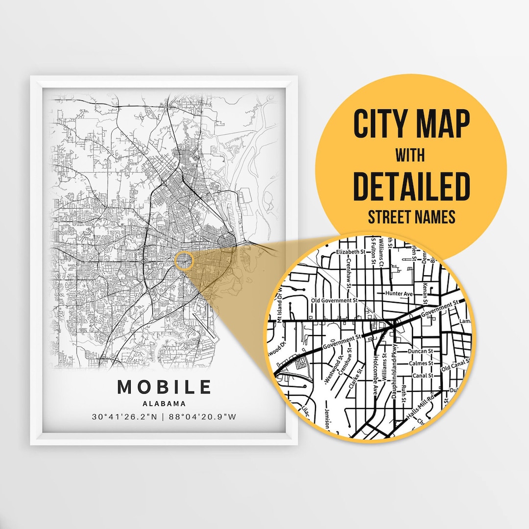 Printable Map of Mobile, Alabama, USA With Street Names - Instant ...