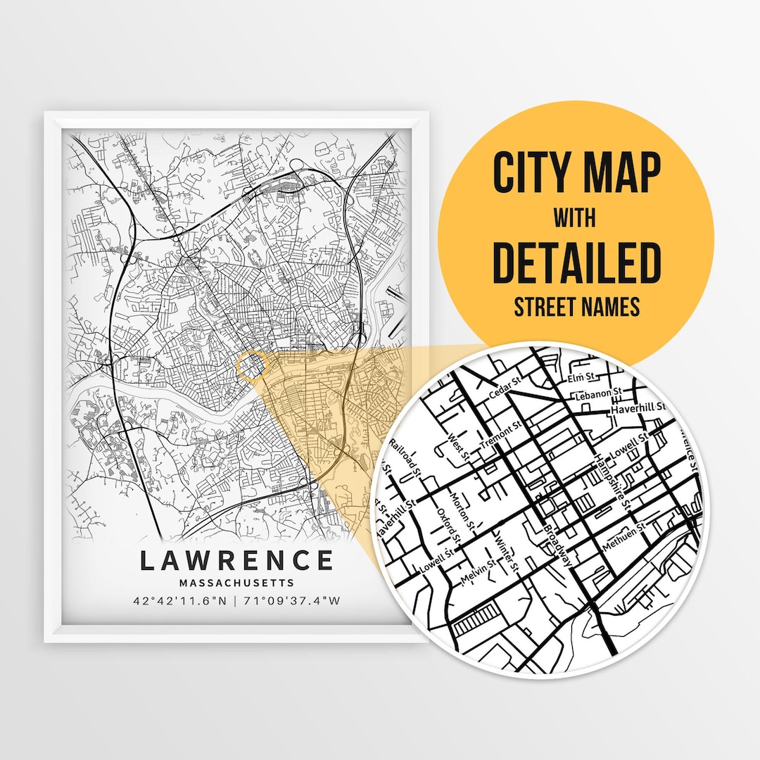 Mapa imprimible de Lawrence, Massachusetts, EE. UU. con nombres de ...