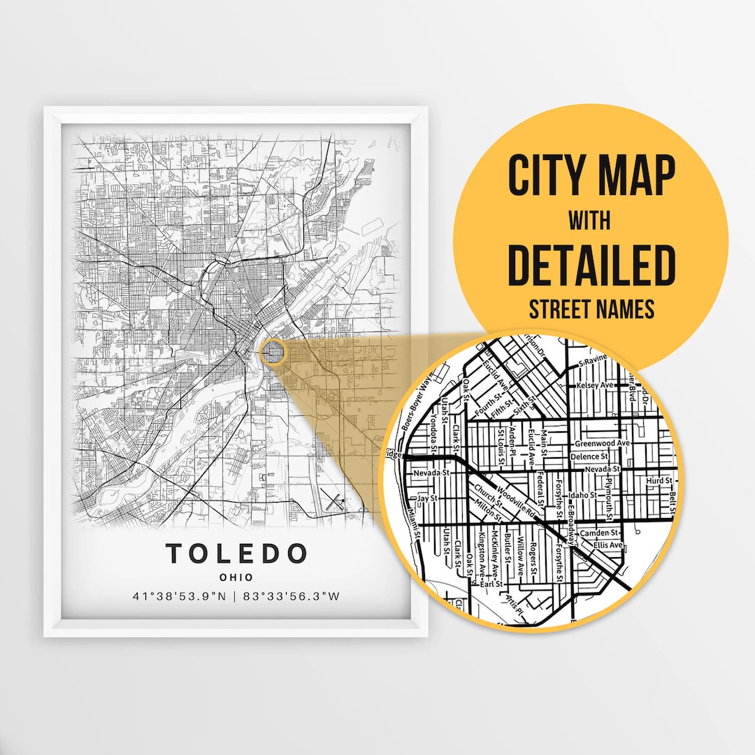 Printable Map of Toledo, Ohio, USA With Street Names - Instant Download ...