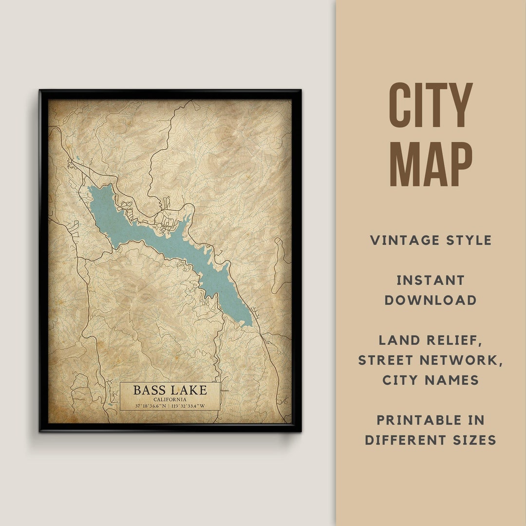 Vintage Style Map of Bass Lake, Madera County, California, USA With ...