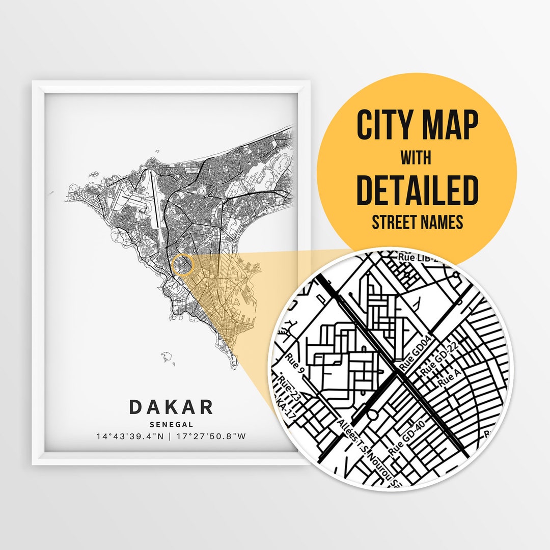 Printable Map of Dakar, Senegal With Street Names - Instant Download ...