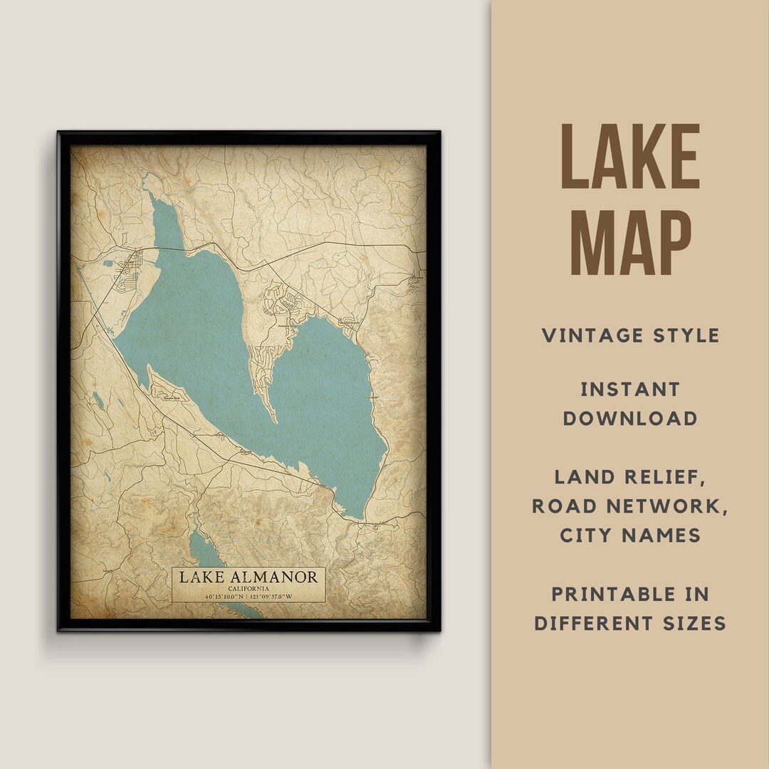Vintage Style Map of Lake Almanor, California, USA With City Names ...