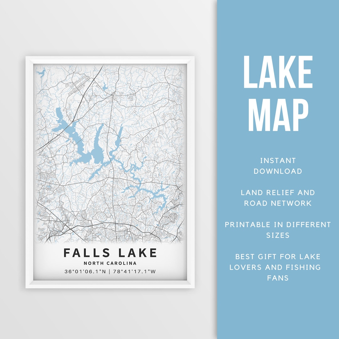 Printable Map of Falls Lake, North Carolina, US - Instant Download ...