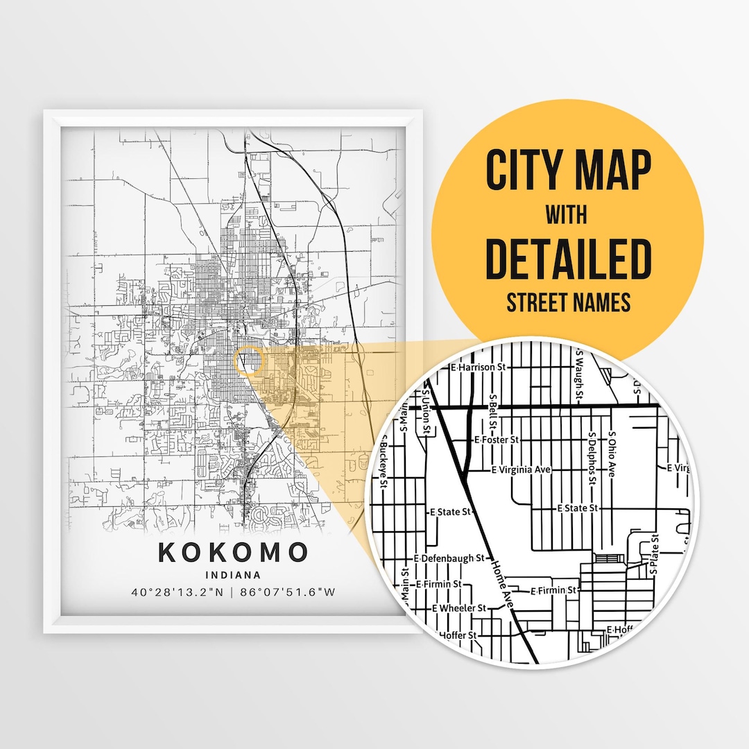 Printable Map of Kokomo, Indiana, USA With Street Names - Instant ...