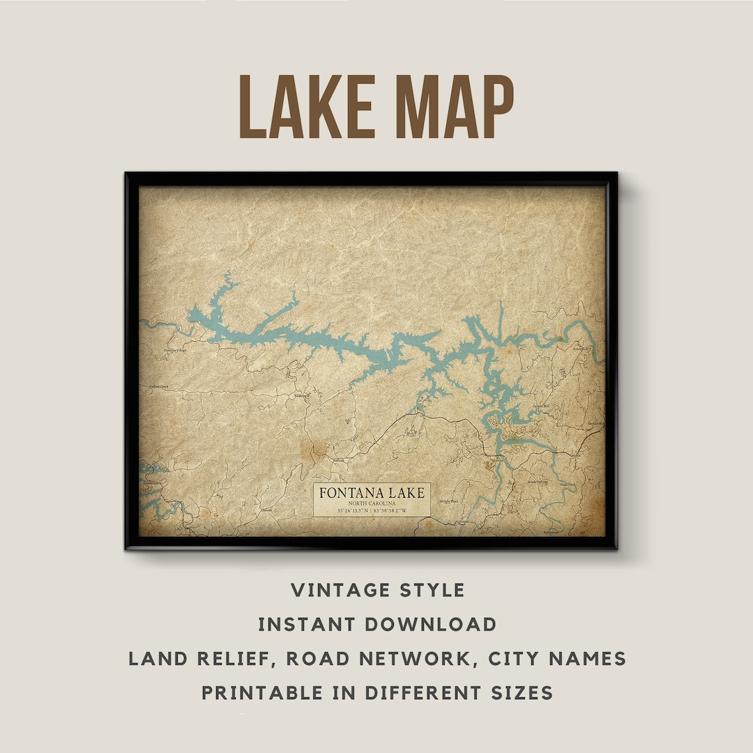 Vintage Style Map of Fontana Lake, North Carolina, USA With City Names ...