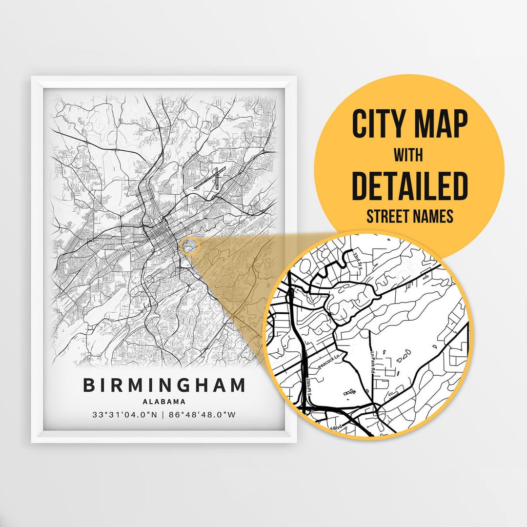 Printable Map of Birmingham, Alabama, USA With Street Names - Instant ...