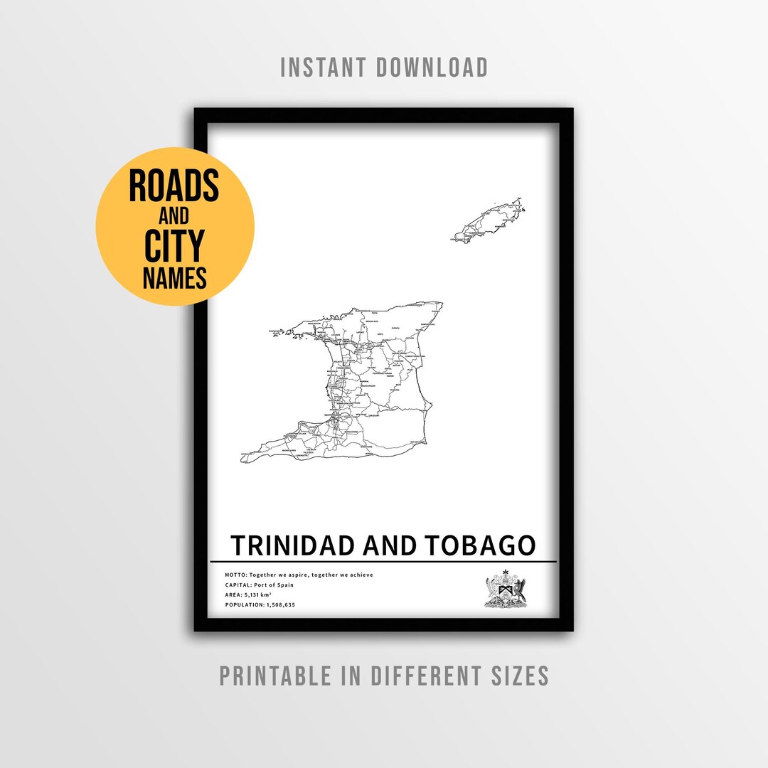 Trinidad and Tobago Map Poster, Printable Caribbean Road Map With City ...