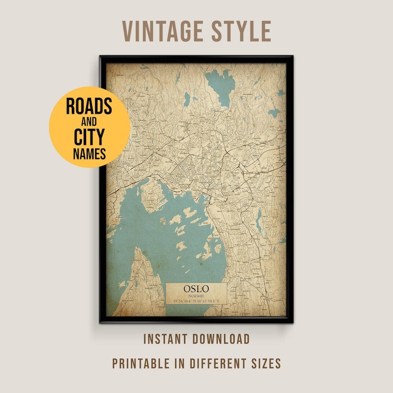 Oslo, Norway Vintage Style Map, Printable Oslo City Poster (instant ...