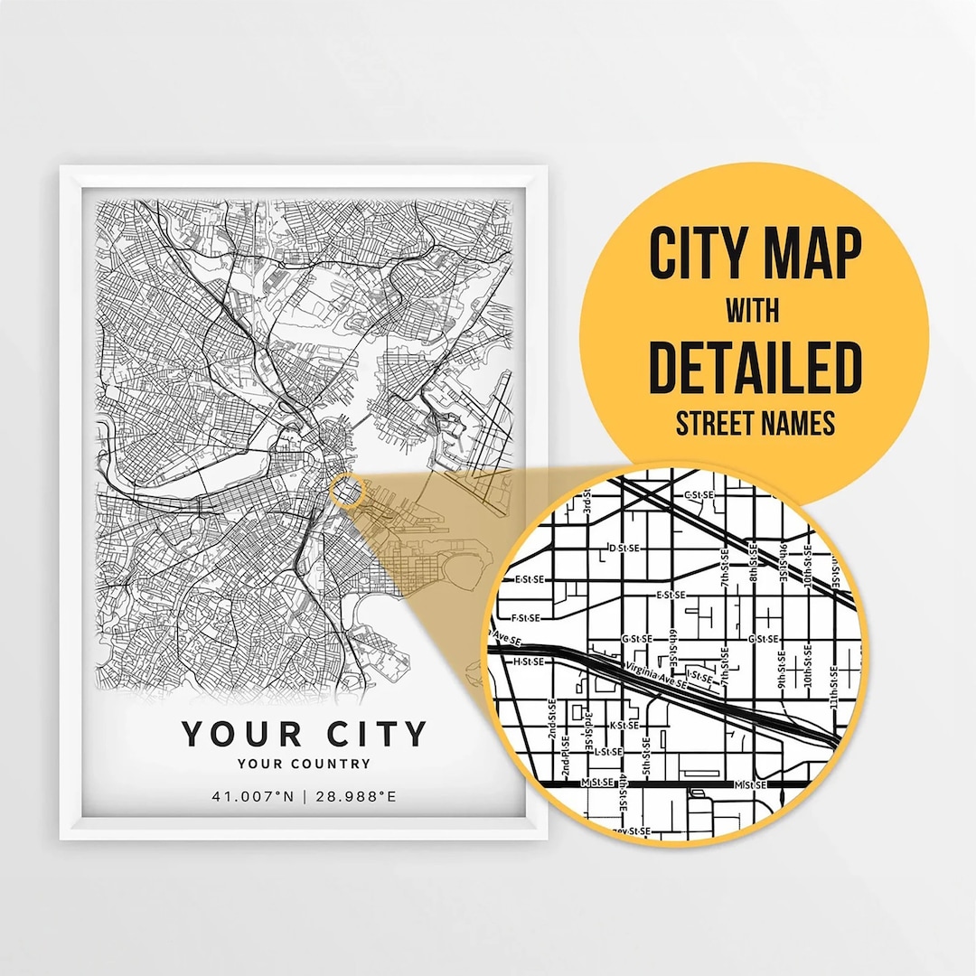 Custom Map of Your City, Any Town With Street Name - Digital Download ...