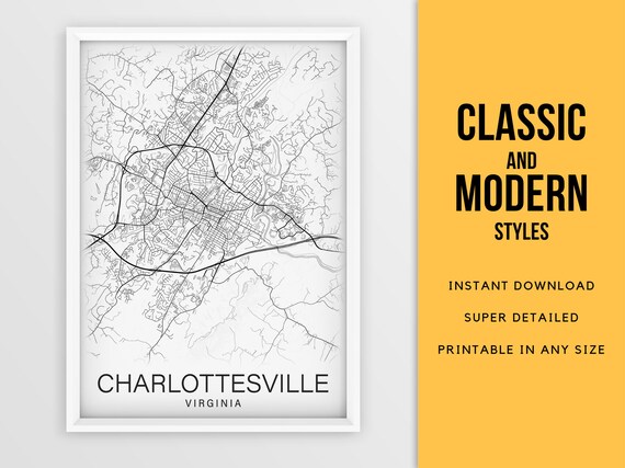 Printable Map of Charlottesville Virginia USA City Map - Etsy