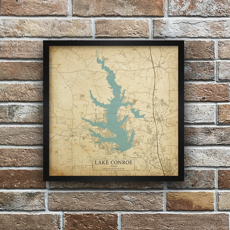 Lake Conroe Vintage Style Map, Printable Texas Lake House Poster ...