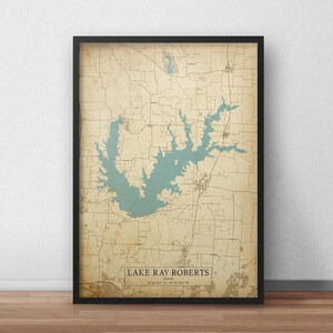Vintage Style Map of Lake Ray Roberts, Texas, USA With City Names ...