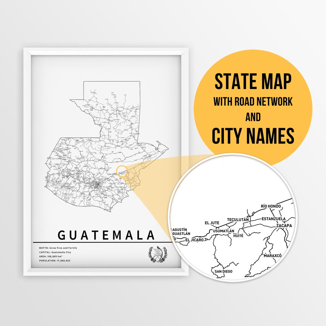 Printable Map of Guatemala With City Names and Roads - Instant Download ...