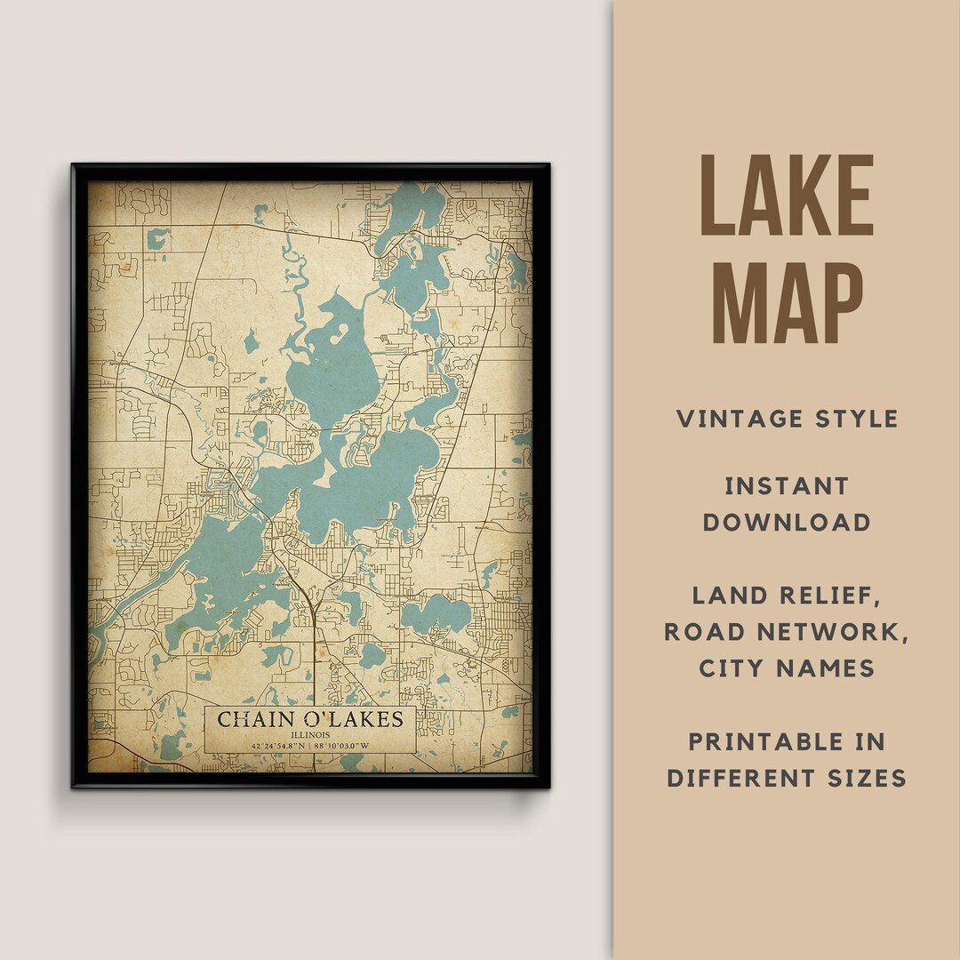 Vintage Style Map of Chain O'lakes, Illinois, USA With City Names ...