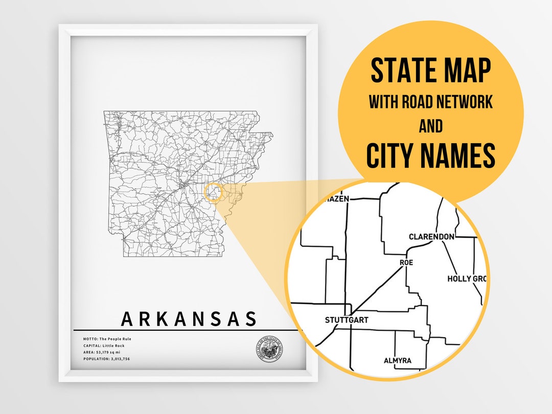 Printable Map of Arkansas USA With City Names Instant - Etsy