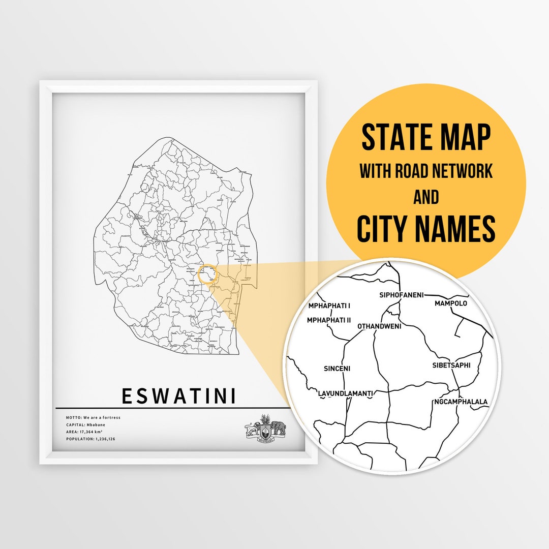 Printable Map of Eswatini With City Names and Roads - Instant Download ...