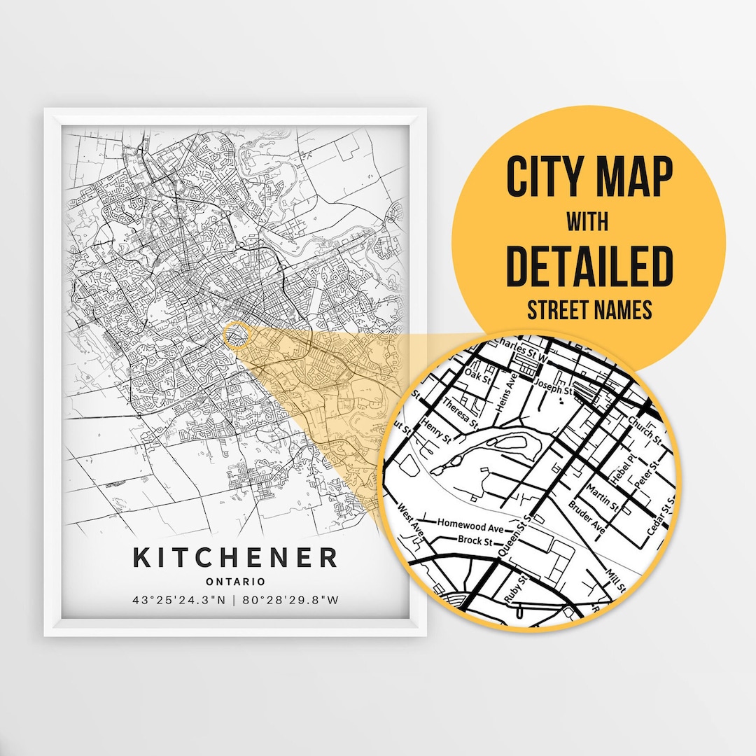 Printable Map of Kitchener, Ontario, Canada With Street Names - Instant ...