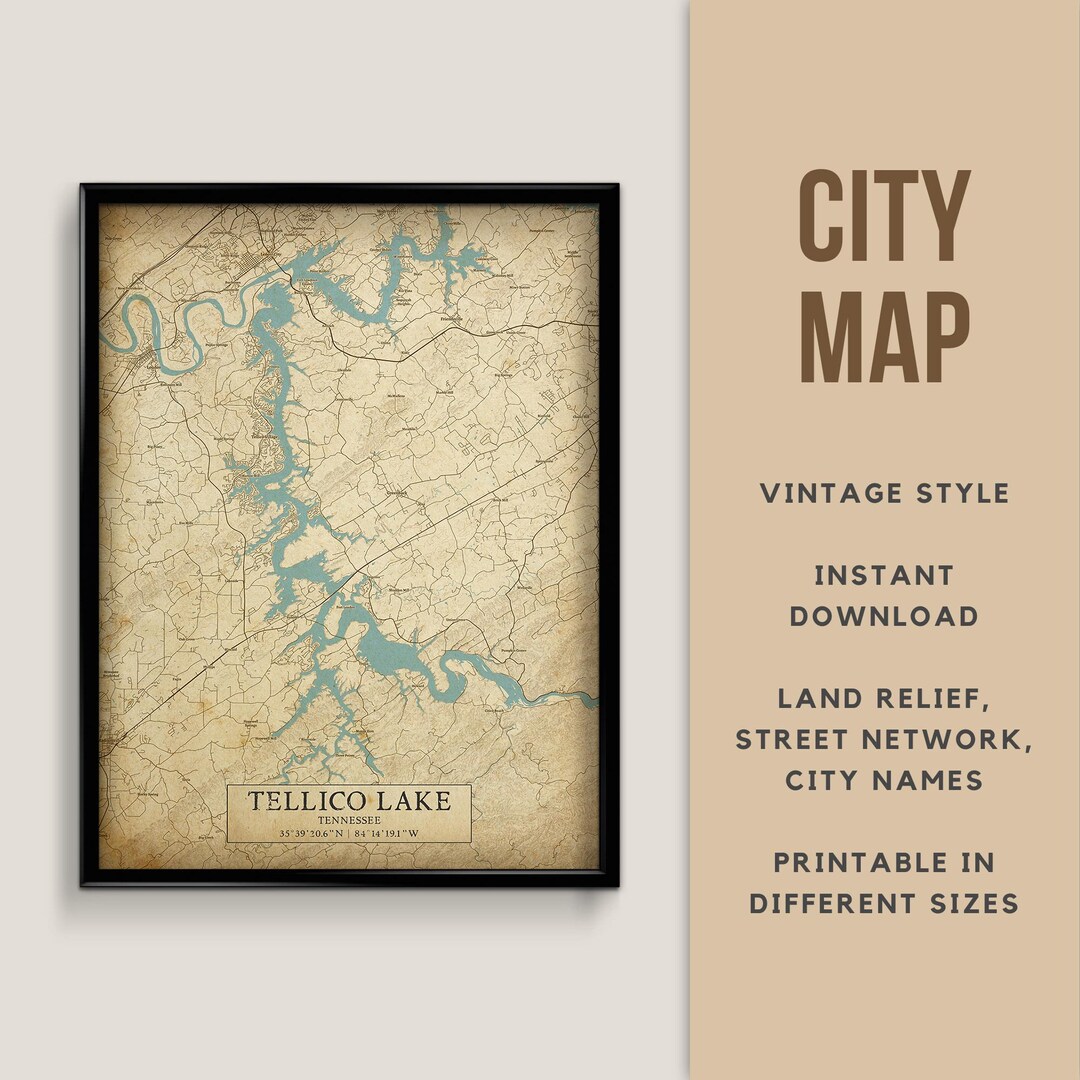 Vintage Style Map of Tellico Lake, Tennessee, USA With City Names ...