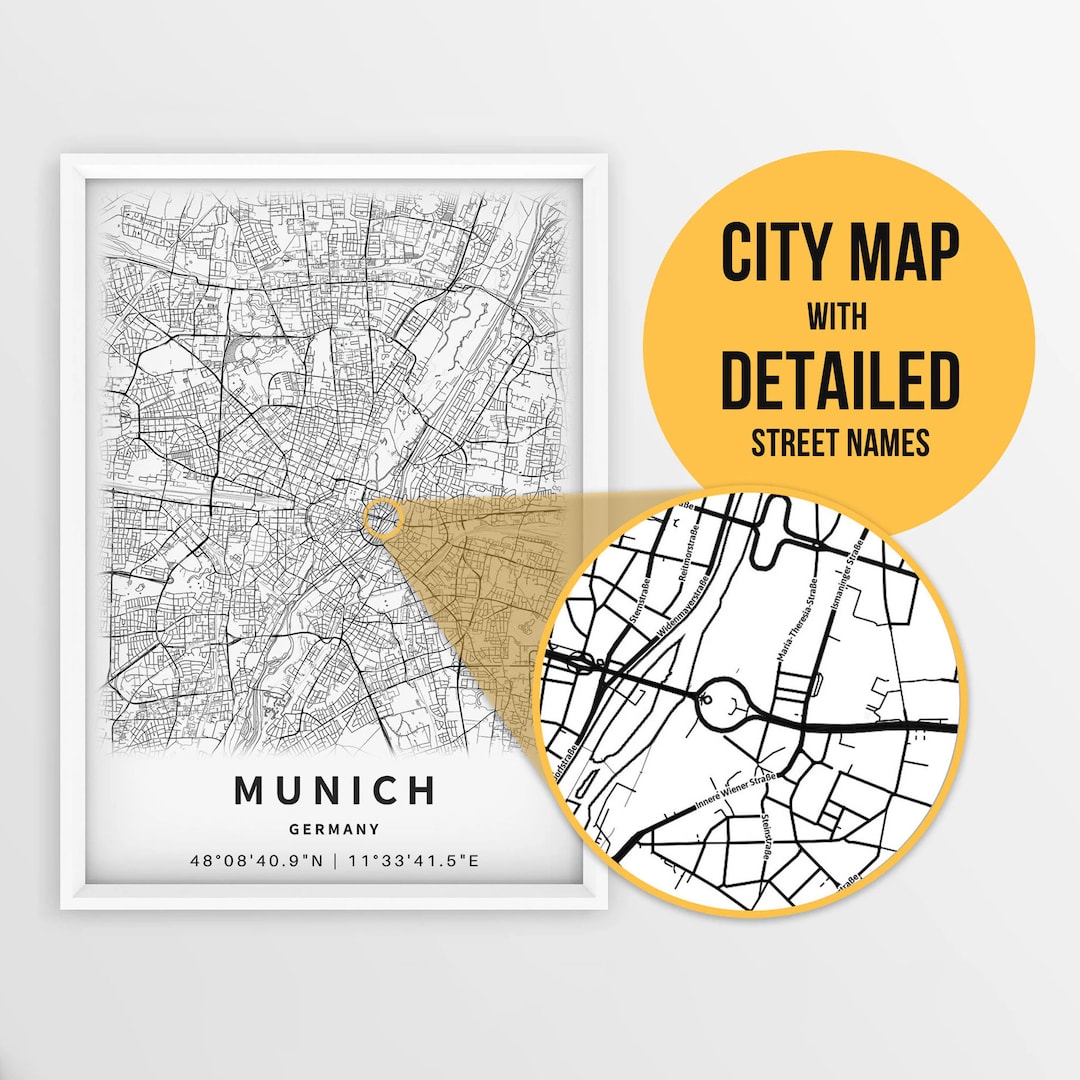 Printable Map of Munich, Bavaria, Germany With Street Names - Instant ...