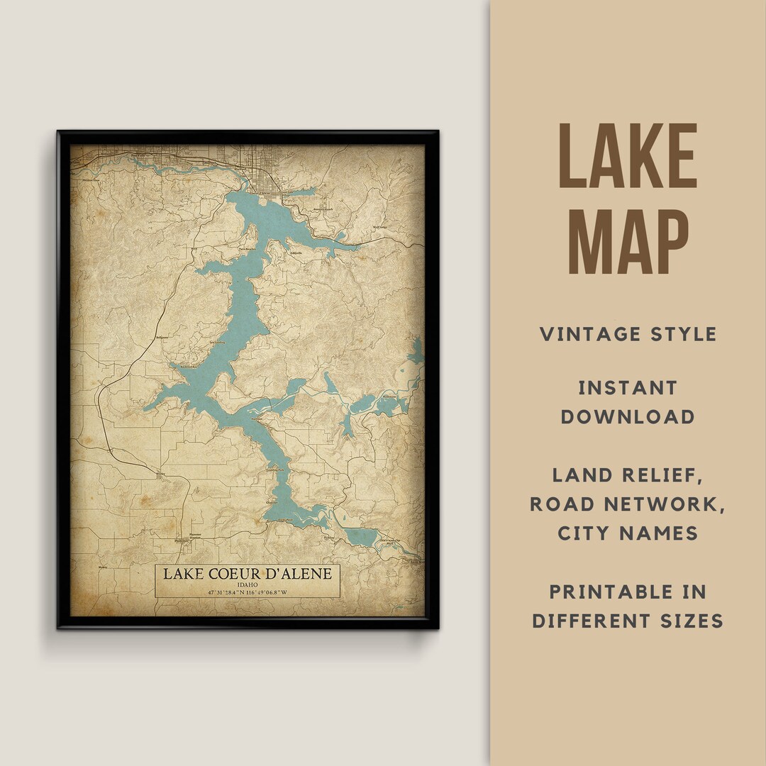Vintage Style Map of Lake Coeur Alene, Idaho, USA With City Names ...