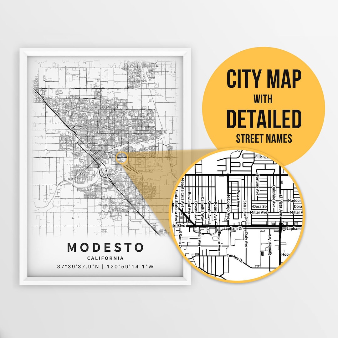 Printable Map of Modesto California USA With Street Names - Etsy