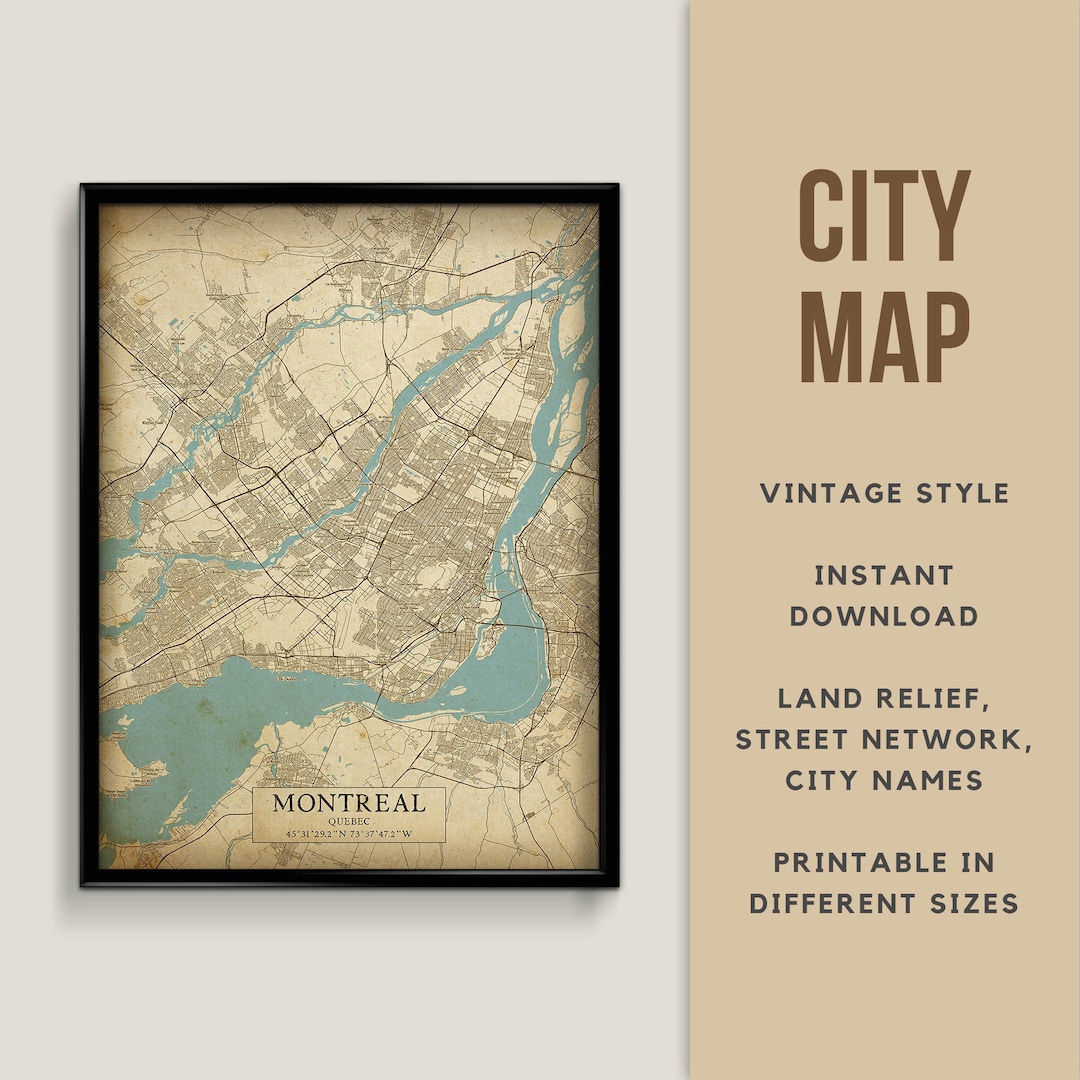 Printable Vintage Style Map of Montreal, Quebec, Canada Instant ...