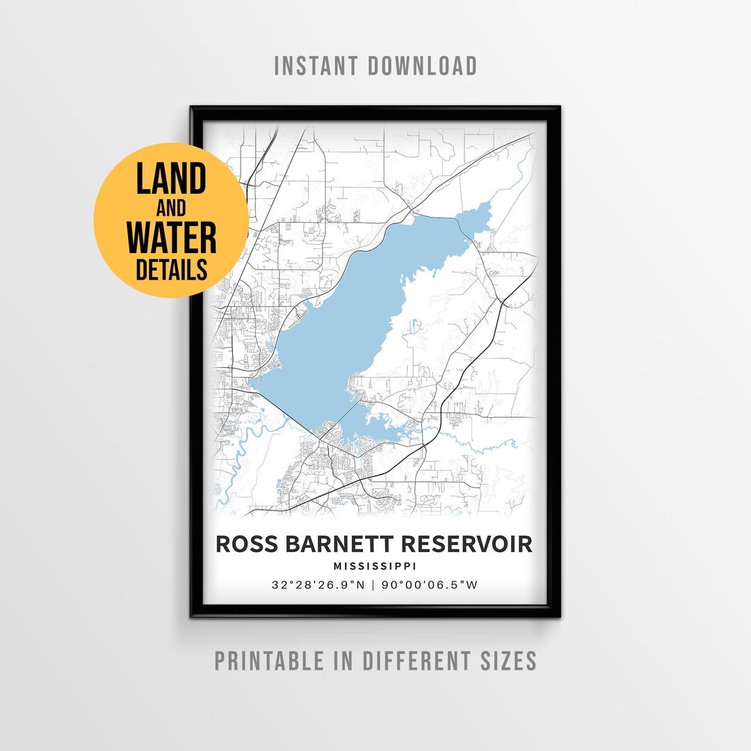 Ross Barnett Stausee Karte Poster, Mississippi The Rez druckbare See ...