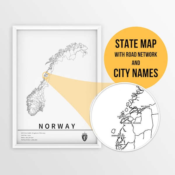 Printable Map of Norway - Etsy