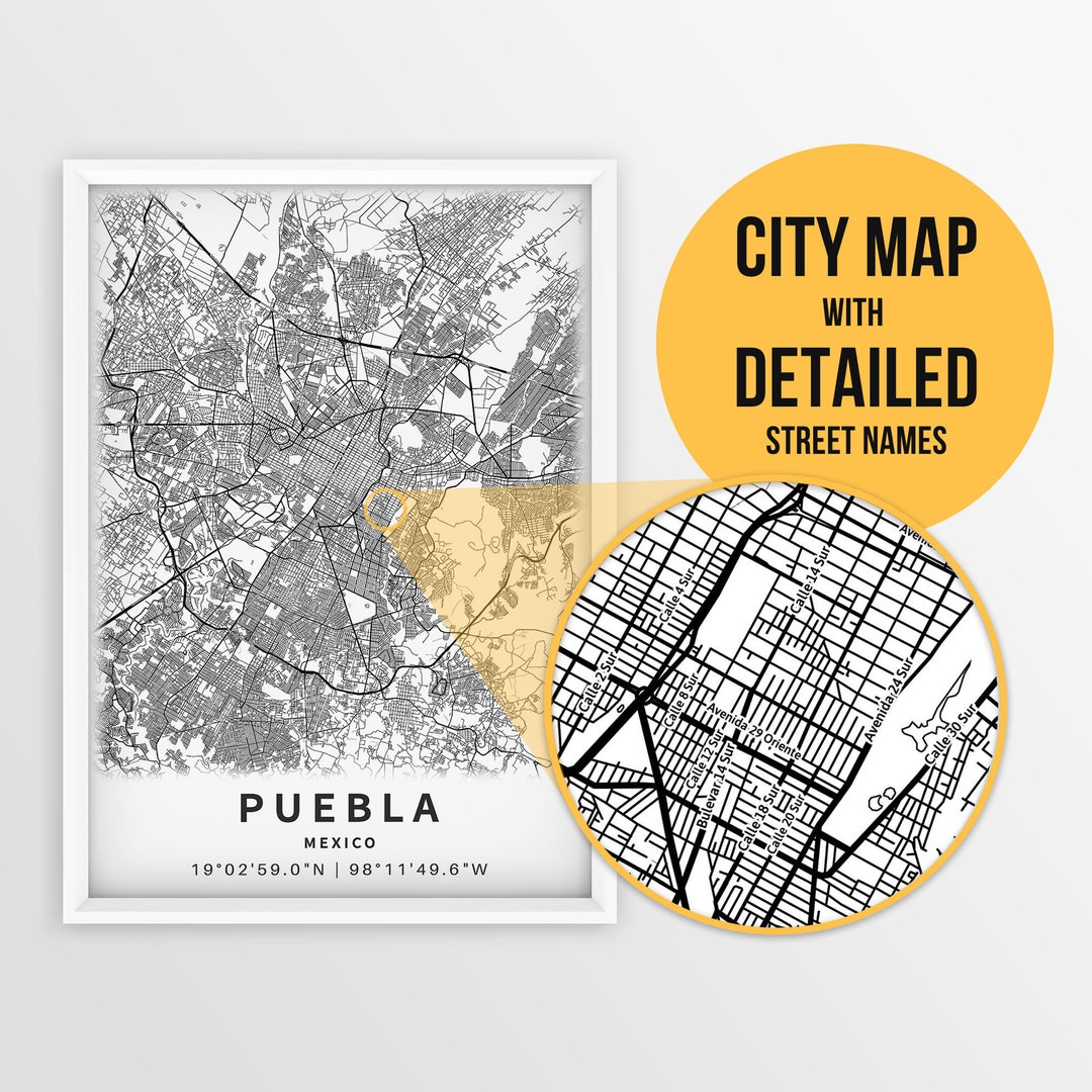 Printable Map of Puebla, Mexico With Street Names - Instant Download ...