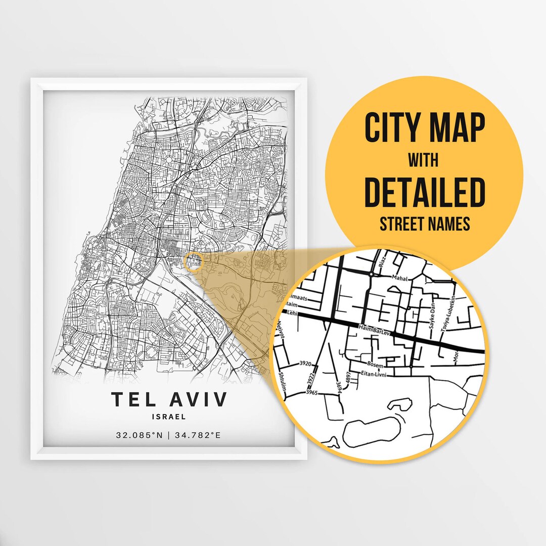 Printable Map of Tel Aviv, Israel With Street Names - Instant Download ...