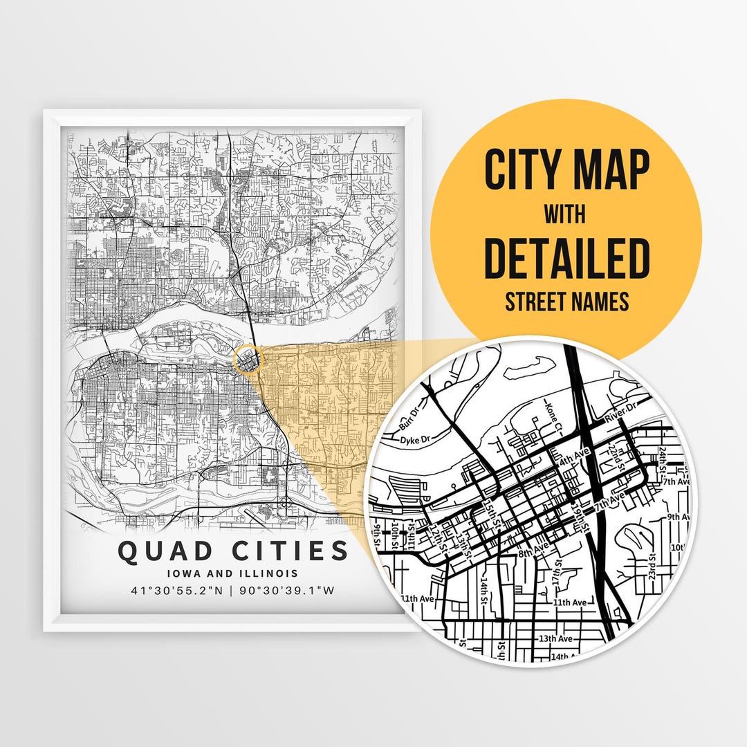 Printable Map of Quad Cities, Iowa and Illinois, USA With Street Names ...