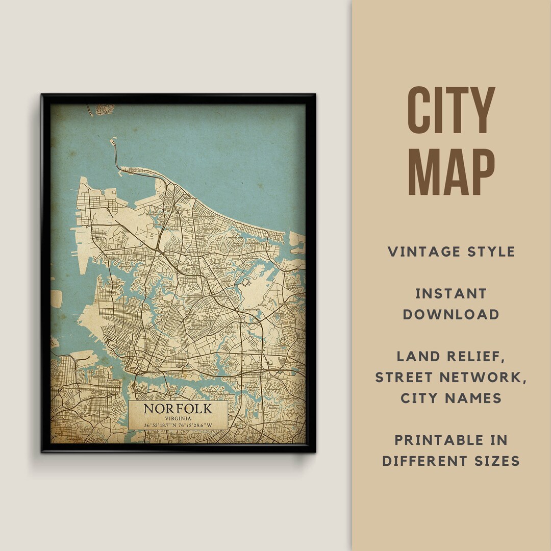 Printable Vintage Style Map of Norfolk, Virginia, USA - Instant ...