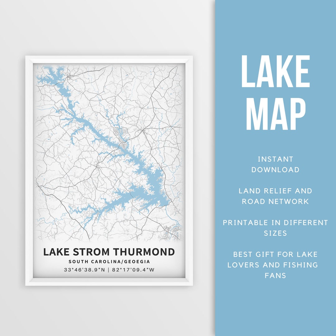 Printable Map of Lake Strom Thurmond, Georgia and South Carolina, US ...