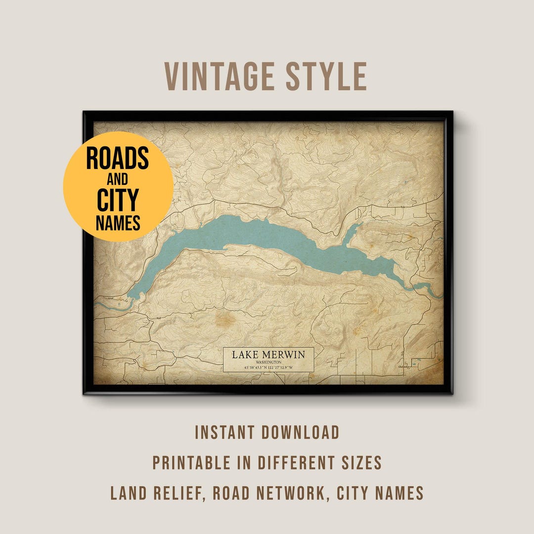 Lake Merwin Vintage Style Map, Printable Washington Lake House Poster ...