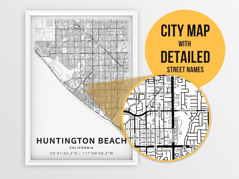 Printable Map of Huntington Beach California United States - Etsy