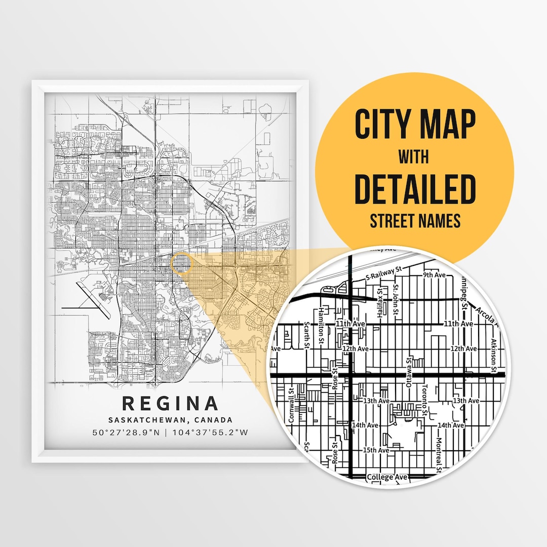 Printable Map of Regina, Saskatchewan, Canada With Street Names ...