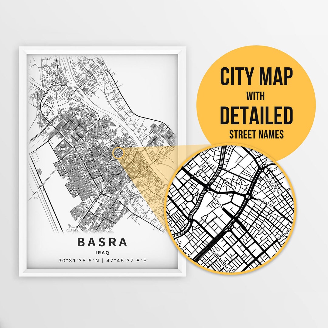 Printable Map of Basra, Iraq With Street Names - Instant Download ...