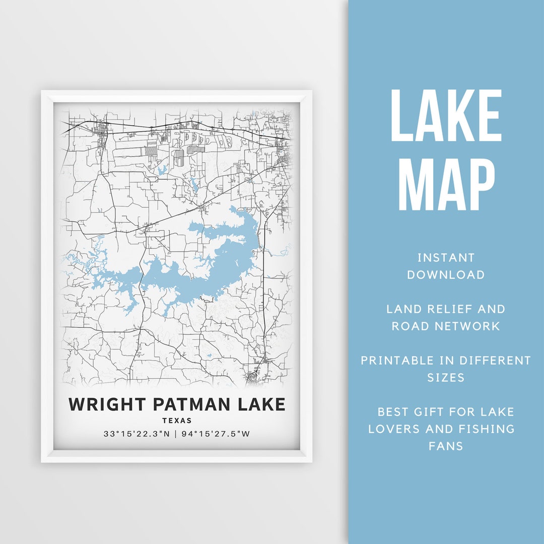 Printable Map of Wright Patman Lake, Texas, US - Instant Download ...