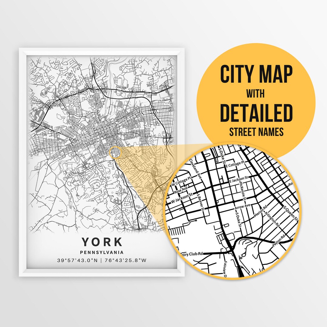 Printable Map of York, Pennsylvania, USA With Street Names - Instant ...