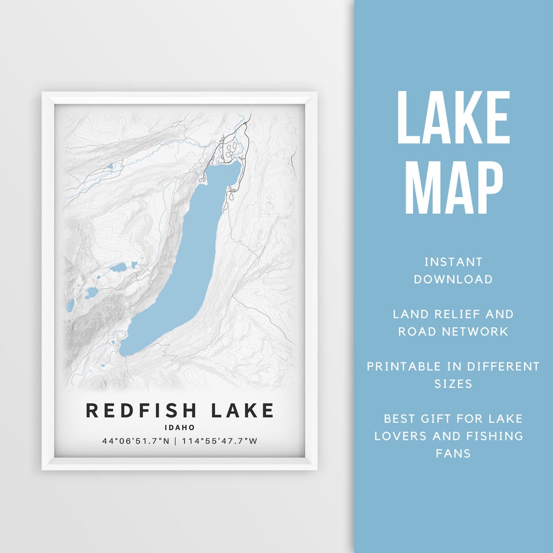 Printable Map of Redfish Lake, Idaho, US - Instant Download \ Lake Map ...