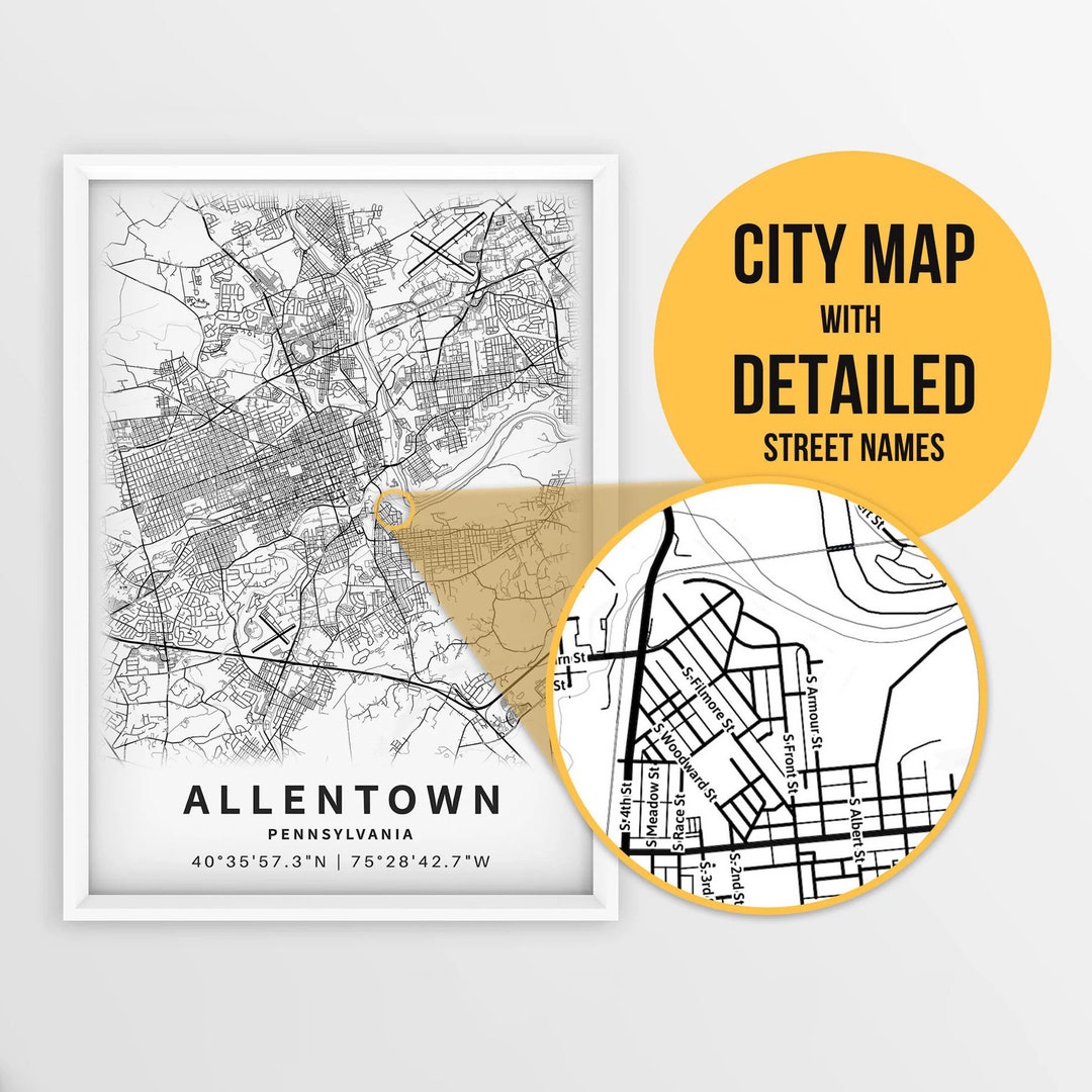 Printable Map of Allentown, Pennsylvania, USA With Street Names ...