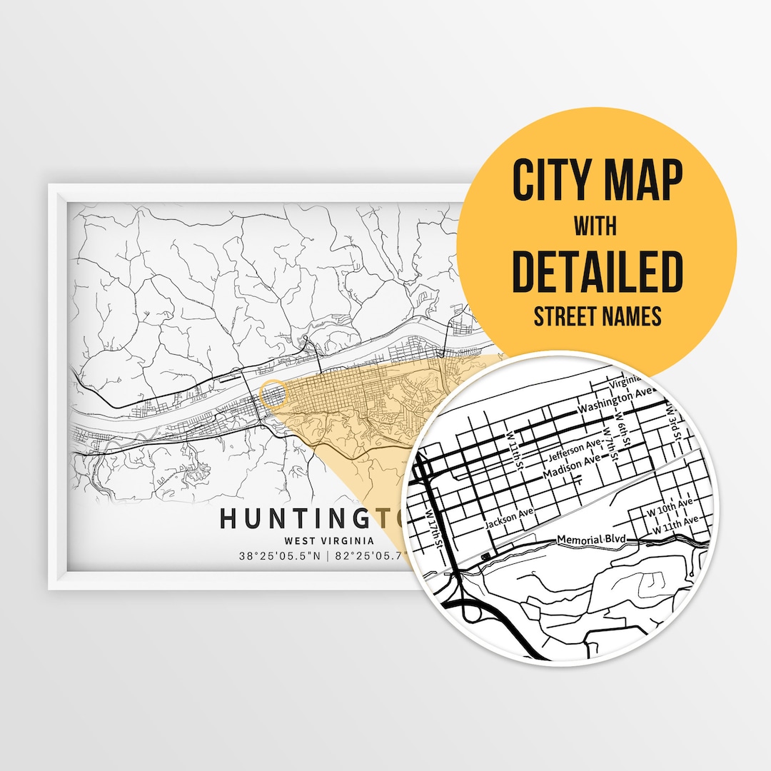 Printable Map of Huntington, West Virginia, USA With Street Names ...